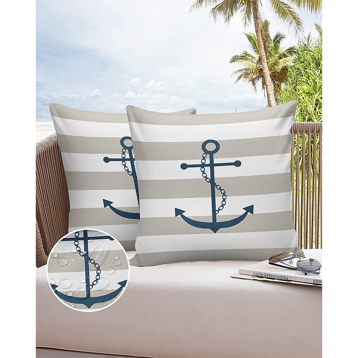 Outdoor Waterproof Pillow Covers for Patio Blue Nautical Anchor Chain Decorative Throw Pillow Cover Beige White Stripes Pillowcases Set of 2 Cushion Case for Sofa Couch Chair Home Decor 20x20 inch