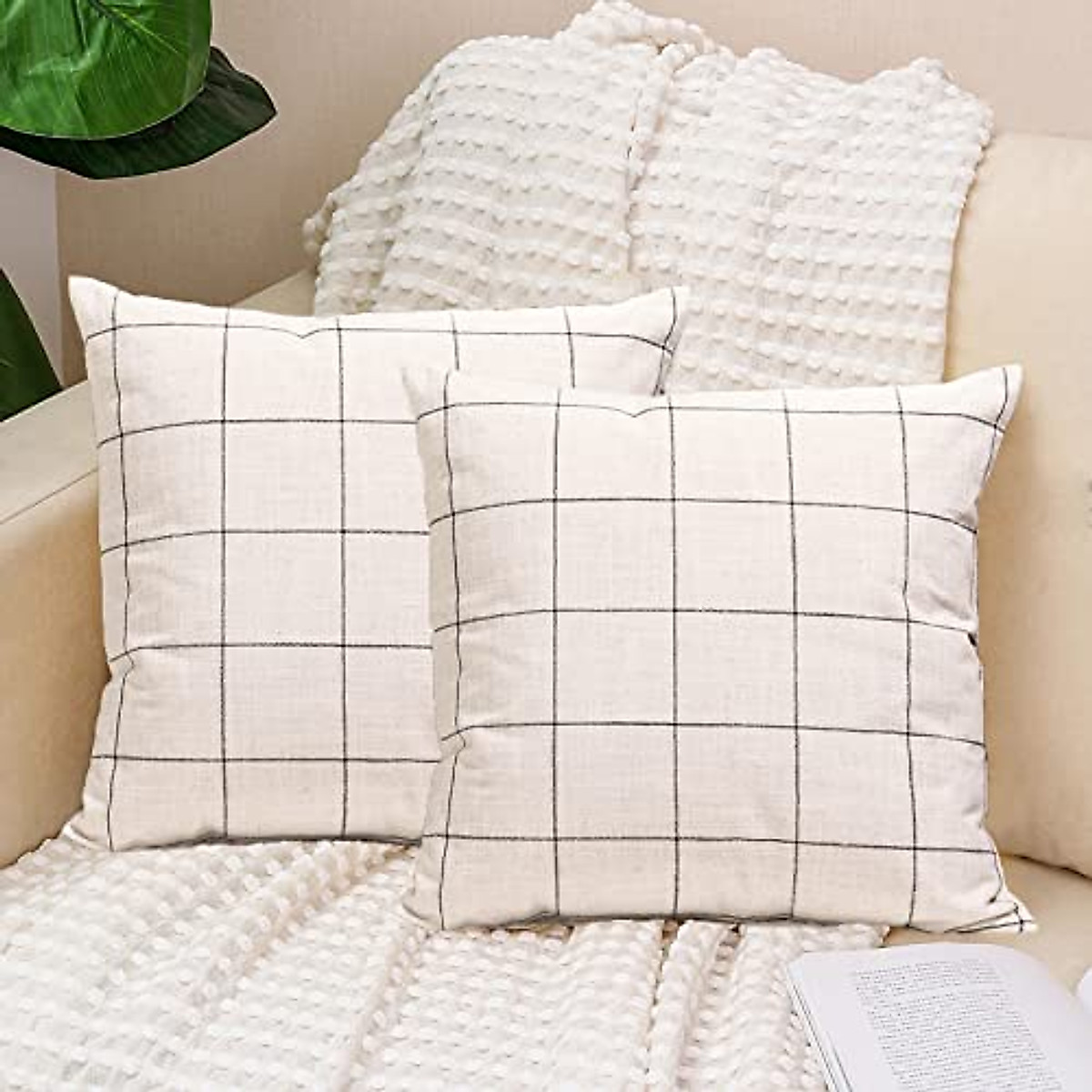 Basic Model Set of 2 Plaid Throw Pillow Covers Modern Farmhouse Decorative Square Linen Pillow Case for Sofa Couch Bed 20 x 20 Inch, Beige