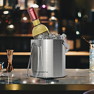 Olmaanseta Stainless Steel Ice Bucket For Parties With Lid And Ice Tongs,Insulated Wine Bucket With Strainer Keeps Drinks Cold And Ice Cube From Melting