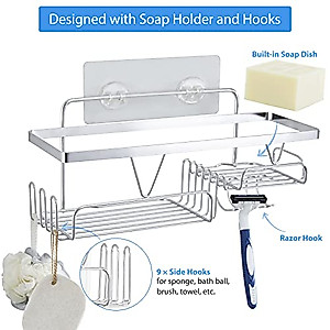 AURIKAR Shower Caddy Adhesive Shower Organizer Rack with Hooks, No Drilling Stainless Steel Wall Hanging Shower Shelf for Inside Shower Bathroom Restroom Storage, Silver 2-Pack