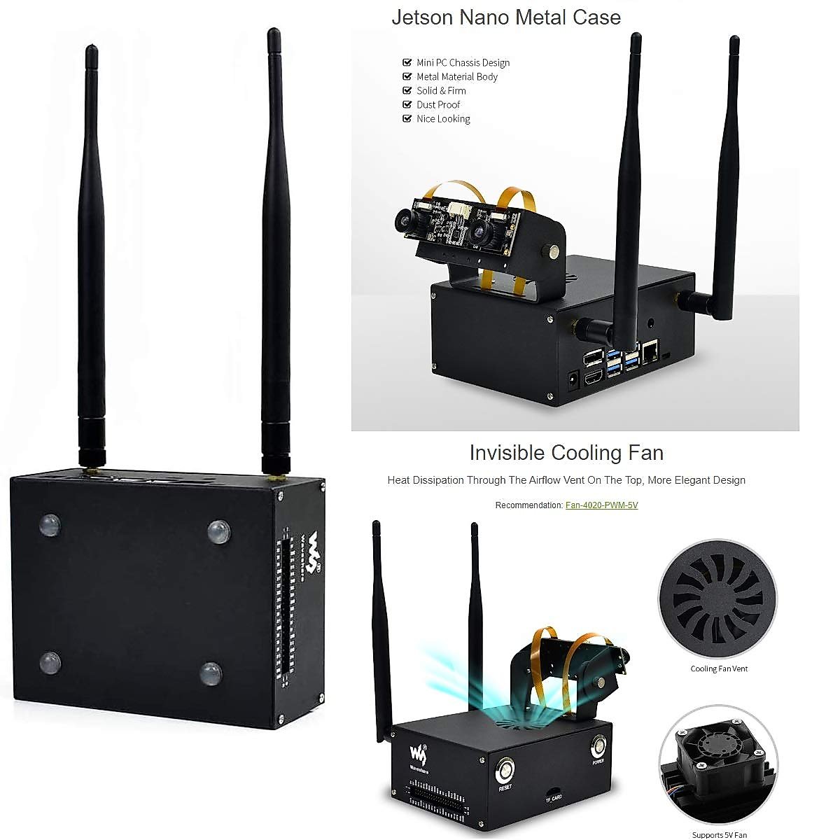 waveshare Metal Case (C) Enclosure for Jetson Nano Developer Kit and B01 Version with Camera Holder,Reset,Power Buttons Compatible IMX219 Series Camera,Wireless-AC8265,Cooling Fan