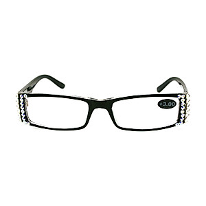 The French, (Bling) Fleur De Lis Women Reading Glasses Adorned with (Clear + Aurora Borealis) Austrian Crystals, Magnifying (Black) Rectangular. NY Fifth Avenue. (+2.50)