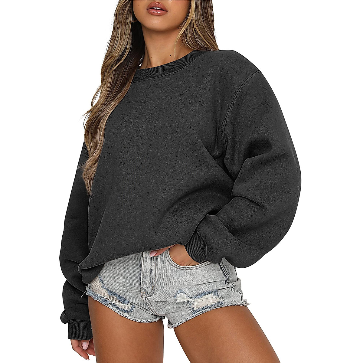 ANRABESS Women's Sweatshirts Hoodies Crewneck Oversized Fleece Pullover Sweaters Cute Top Y2K Teen Girls Preppy Clothes 2024 Black Medium