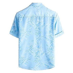 VATPAVE Mens Hawaiian Floral Jacquard Shirt - Casual Button Down Short Sleeve Summer Shirt With Pocket - X-Large Light Blue Silk