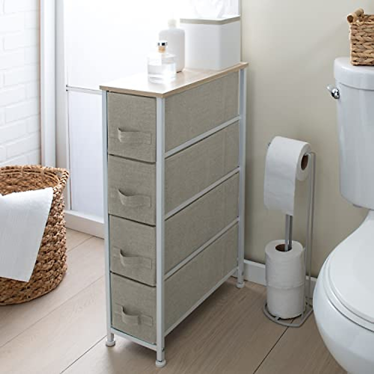 Simplify 4 Tier Slim Vertical Storage Chest | Nightstand | Fabric Drawers | Sturdy Steel Frame | Organizer | Bedroom | Closet | Easy to Assemble | Beige