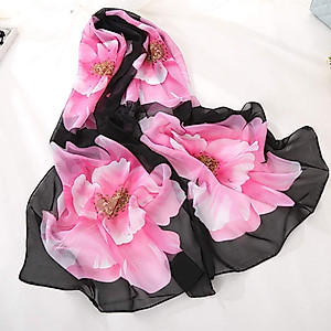 E-Clover Women Soft Floral Print Shawl Chiffon Sheer Scarf Mothers Day Gift (A-Black&Pink)