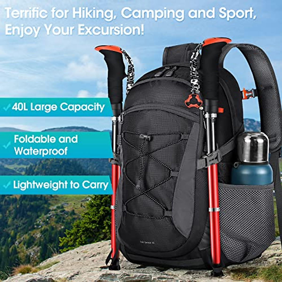 RAINSMORE Hiking Backpack 40L Waterproof Camping Backpack Lightweight Packable Backpack for Women Men Outdoor Travel Daypack