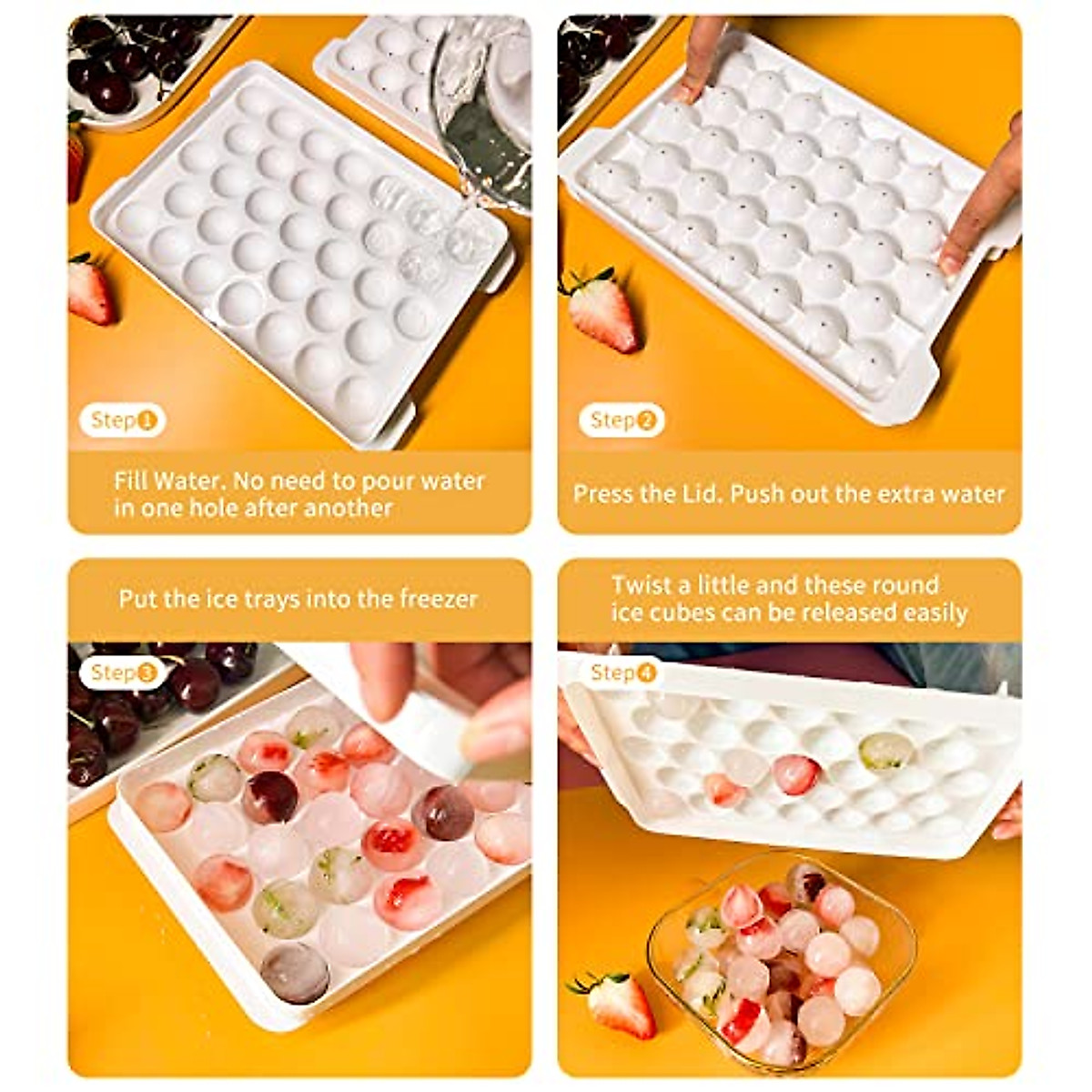 Ice Cube Tray, Round Ice Cube Trays for Freezer, Circle Ice Ball Maker Mold Making 1.2in X 99PCS Sphere Ice Chilling Cocktail Whiskey Coffee, 3 Pack Ice Trays with Lid & Bin & Ice tong & Scoop (White)