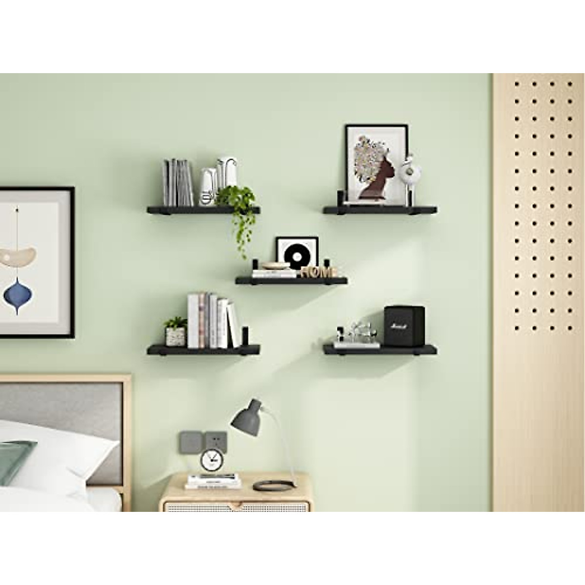 YGEOMER Floating Shelves, Wood Shelves, Long Wall Shelf, Set of 8, Rustic Wall Shelves, Wood Floating Shelf for Bedroom, Living Room, Book and Bathroom (Black)