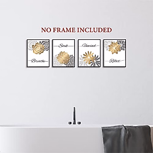 Unframed Relax Soak Unwind Breathe Bathroom Wall Decor - Paintlig 8x10 inch Bathroom Wall Art, Abstract Flowers Gold Foil Print Bathroom Decor Wall Art, Set of 4 Bathroom Pictures for Wall Decor, Bathroom Art (Gold)
