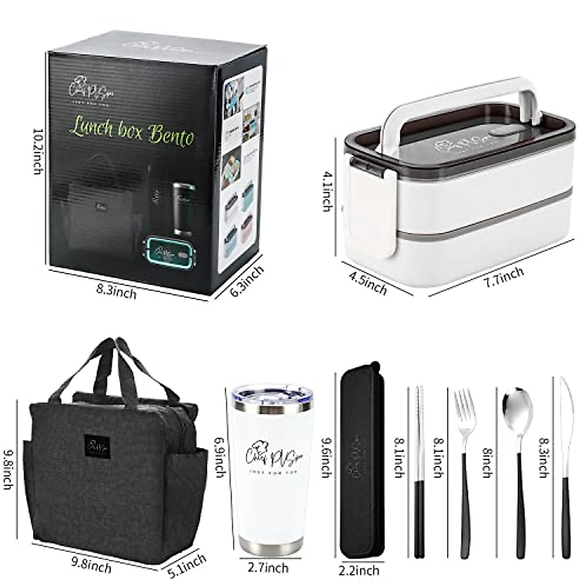 PVSpro JUST FOR YOU Bento Box Set with Insulated Tote, Mug & Cutlery Set, Stackable Bento Box for Lunch, Bento Kit Lunch Box with Handle, Large Bento Lunchbox Container, Japanese Bento (White)