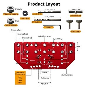RUITOOL Shelf Pin Jig and Hinge Jig Two-in-One, Self-contained Clamping Function All Metal Shelf Pin Drilling Jig with 1/4" and 5mm Drill Bits, Shelf Jig and Cabinet Hardware Jig Tool Drill Guide