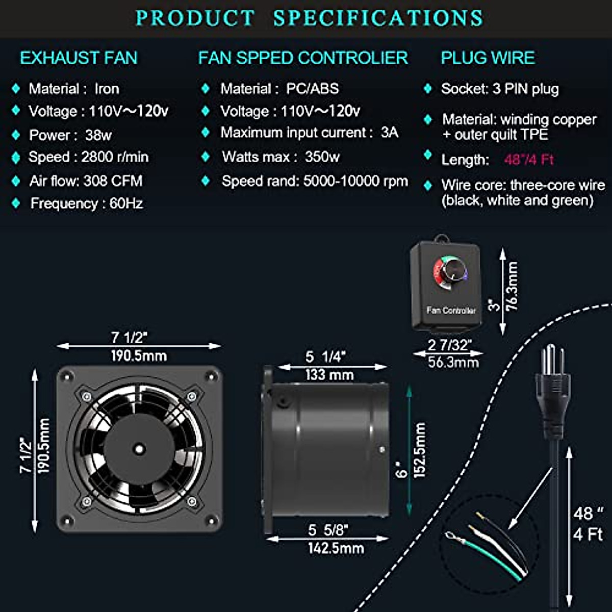 BASOOK 6 Inch Kitchen Exhaust Fan - Powerful and Efficient with Stepless Speed Control. Ideal for Through-Wall Ventilation in Bathroom, Garage, and More. Easy DIY Install.