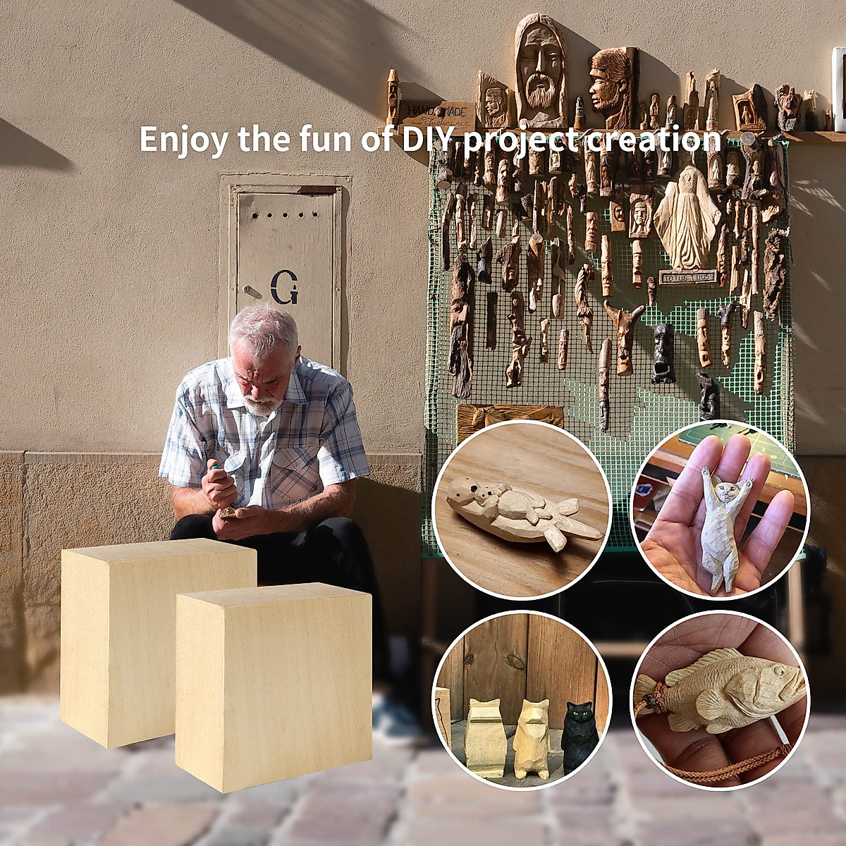 6 Pack Unfinished Wood Blocks for Crafting, 4x4x2 Inch Squares Basswood Blocks for Carving, Wood Blocks for Crafts, Basswood Carving Blocks for Class, Home DIY