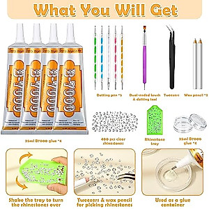 B7000 Adhesive Glue Rhinestone Kit, 4 x 15ML B-7000 Clear Craft Glue with Crystal Flatback Gems, Rhinestone Tools for Fabric, Cloth, Shoes, Nail Art, DIY Jewelry Making