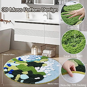 COMBLUE Round Moss Bathroom Rugs Non Slip, Cute Aesthetic Funky Microfiber Shaggy Tufted Circle Moss Bath Mat For Living Room Bedroom Decor, Soft and Absorbent, Machine Washable, Light Blue 40x40 Inch