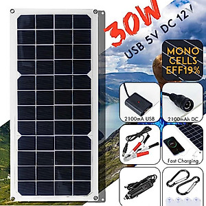 30W 12V Lightweight Solar Panel Charger Portable Solar Panel Kit Flexible Solar System for Outdoor Power Supply Camping Travel Mobile Phone