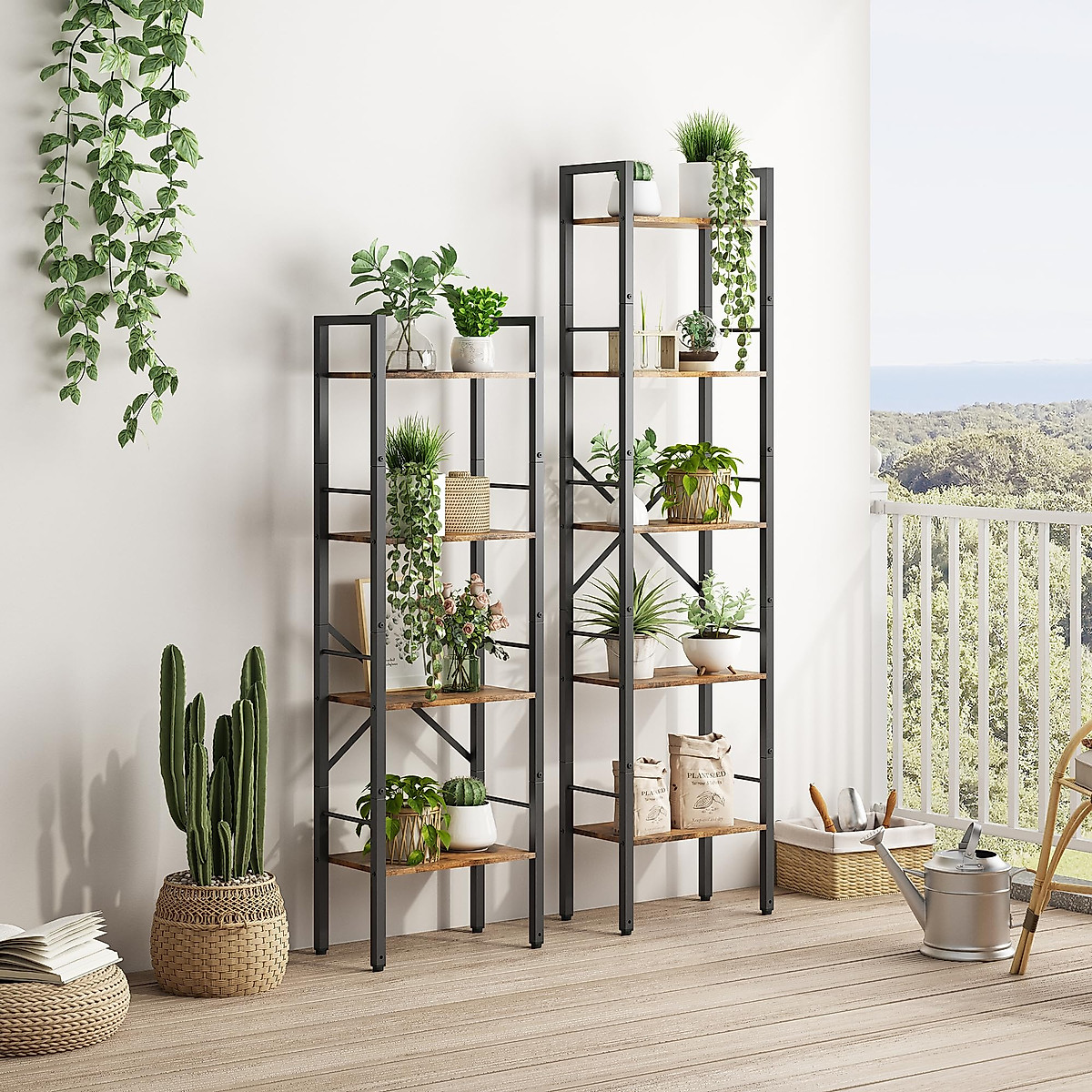 Tajsoon 5 Tier Ladder Bookshelf Industrial Ladder Shelf, Narrow Tall Skinny Bookshelf with Metal Frame, Multipurpose Standing Book Shelf for Bedroom, Living Room, Kitchen, Home Office, Rustic Brown