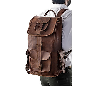 PLW 16" Inch Leather Backpack for Men | Handmade Vintage Brown Leather Laptop Backpack | Adjustable Leather Rucksack Knapsack Camping Travel Bag for Women