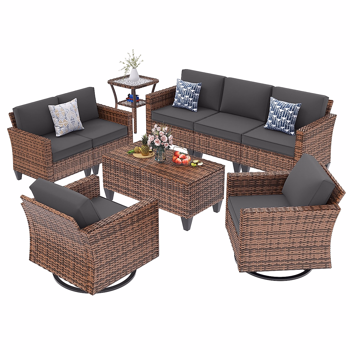 UDPATIO Patio Furniture Set, 6 Pieces Outdoor Conversation Sets with Rocking Swivel Chairs, Wicker Rattan Outdoor Sofa Set with Storage Table and Waterproof Covers for Backyard, Deck, Porch