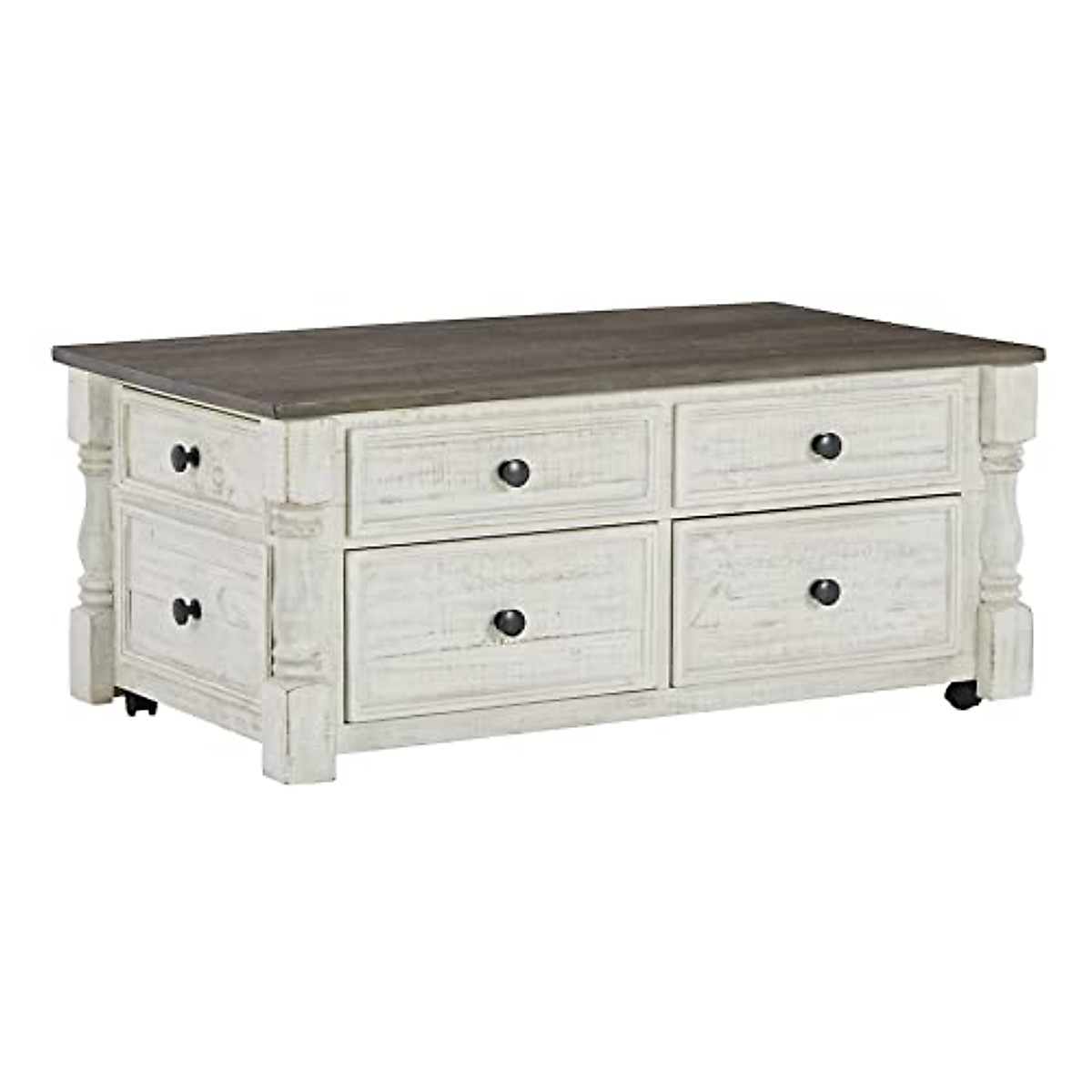 Signature Design by Ashley Havalance Farmhouse Lift Top Coffee Table with 4 Storage Drawers and Small Storage Tray, Whitewash