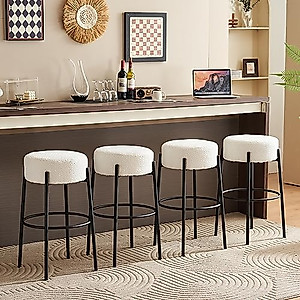 Dolonm 30 Inch Round Bar Stools Set of 2, Teddy Fabric Upholstered, Bouclé and Sherpa Chairs, Backless Kitchen Island Stools, Metal Frame Bar Chairs, Beige with Black Legs (Set of 2)