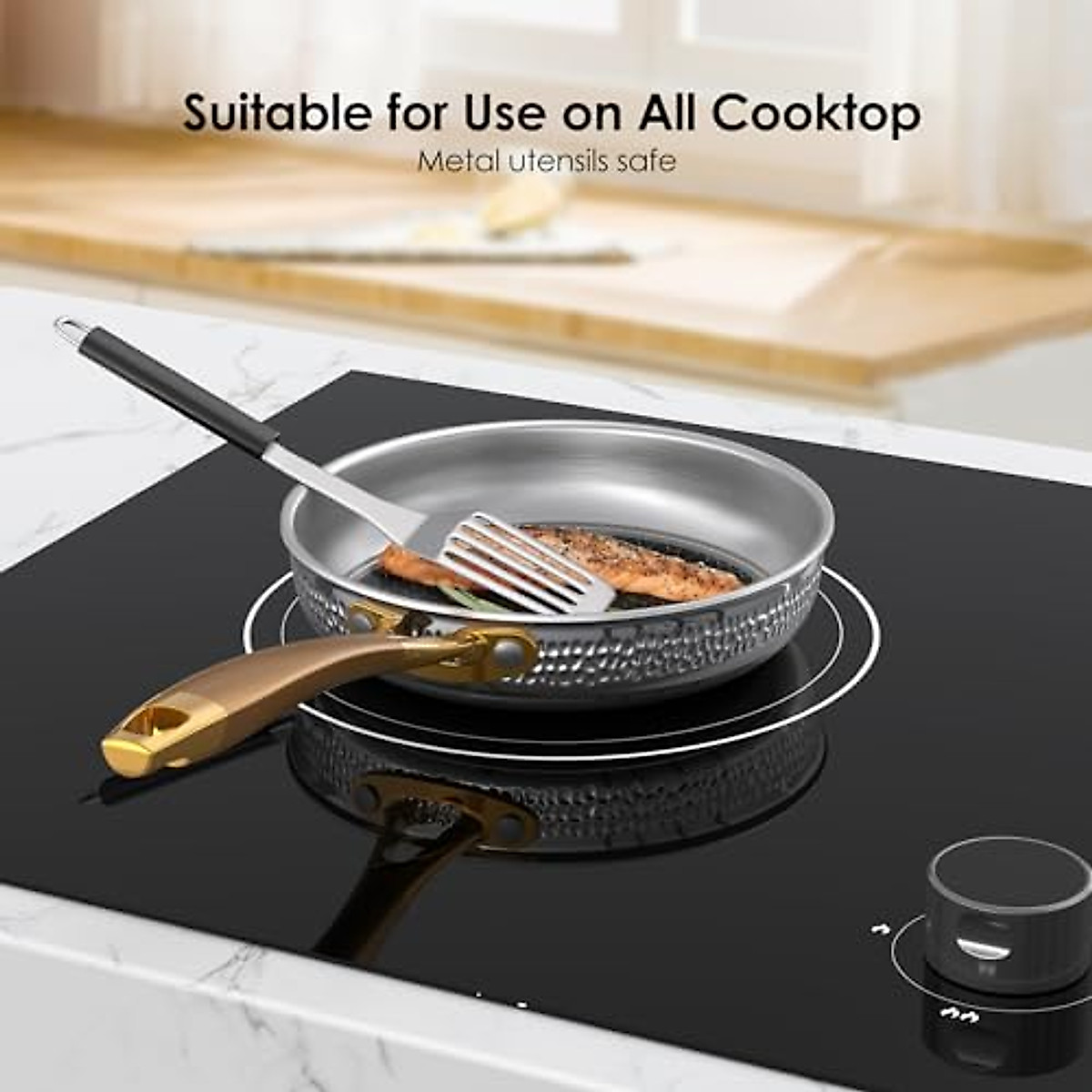 Homaz life 8-Inch Frying Pan, Tri-Ply Stainless Steel Cookware, Induction Ready, Compatible with All Cooktops, Dishwasher Safe, Non-Toxic, Gold-Colored Stay-Cool Handle