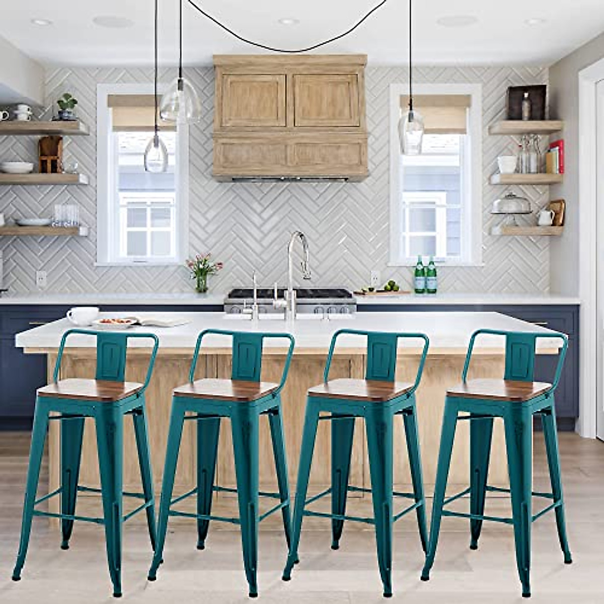 Alunaune 26" Metal Bar Stools Set of 4 Industrial Counter Height Barstools Kitchen Counter Stool Modern Wood Seat-Distressed Teal