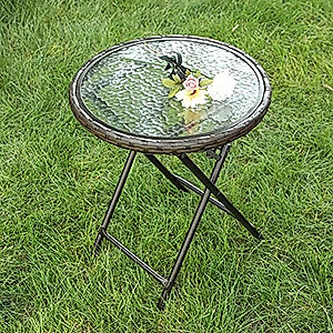 PHI VILLA Outdoor Side Tables-Foldable Patio Rattan Table with Tempered Glass Table Top and High-Strength Thickened Iron Pipe Bracket for Patio Outdoor Sofa and Chair in Garden,2 Pack