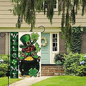 Welcome Spring St. Patrick's Day Garden Flag 12x18 Double Sided, Burlap Small Check Plaid Leprechauns Yard Flag Banner Irish Lucky Shamrock Clover Shoes Sign for Outside Outdoor Decor (ONLY FLAG)