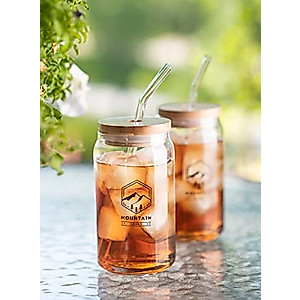 Mountain Drinks Drinking Glasses - 2 Pack Strong Borosilicate Libby Glasses - Bamboo Lids, Glass Straws - 16oz Can Shaped Glass for Beer, Iced Coffee, Water, or Gifts