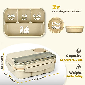 danliar Bento Lunch Box for Kids, Wheat Straw 5.5 Cups Leakproof Adult Bento Box with 2 Sauce Jars, 4 Compartments Lunchable Snack containers, Utensils, Microwave & Dishwasher Safe (Wheat Straw Beige)