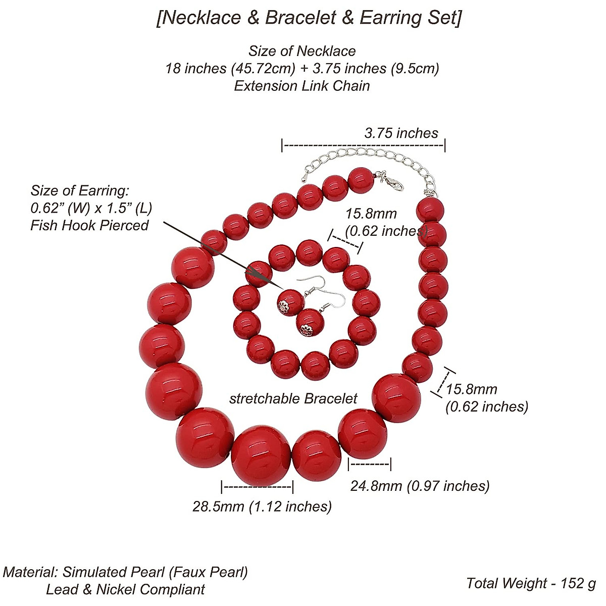 BA UNIQUE FASHION Women's Chunky Large Simulated Pearl Statement Necklace, Bracelet, Earring Set (Barn Red)