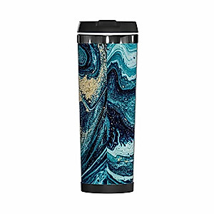 WONDERTIFY Ocean Marble Ripples Agate Coffee Cup Blue Paint Gold Powder Coffee Mug Stainless Steel Bottle Double Walled Thermo Travel Water Metal Canteen