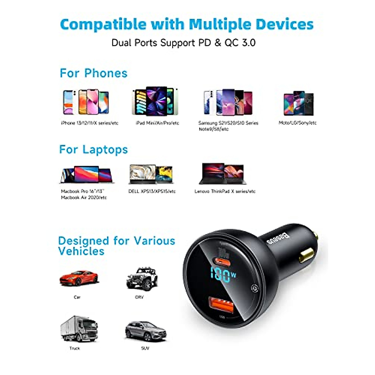 Baseus 100W USB C Car Charger, PPS PD3.0 QC4.0 Super Fast Charging Type C Car Charger with LED Display Adapter Compatible with MacBook Pro Laptop iPad iPhone 14/13 Pro Max Samsung S22 S21 Ultra/Tab S8