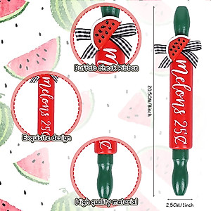 Whaline 4pcs Watermelon Mini Rolling Pins Red Green Watermelon Tiered Tray Decor with Bow Summer Home Kitchen Wooden Farmhouse Watermelon Decoration Table Centerpiece for Shelf Mantelpiece