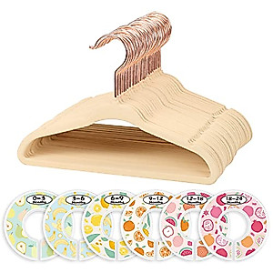 Rose Gold Baby Velvet Hangers 30 Pcs & 6 Closet Organizer Dividers, Non-Slip Kids Hangers, Yellow