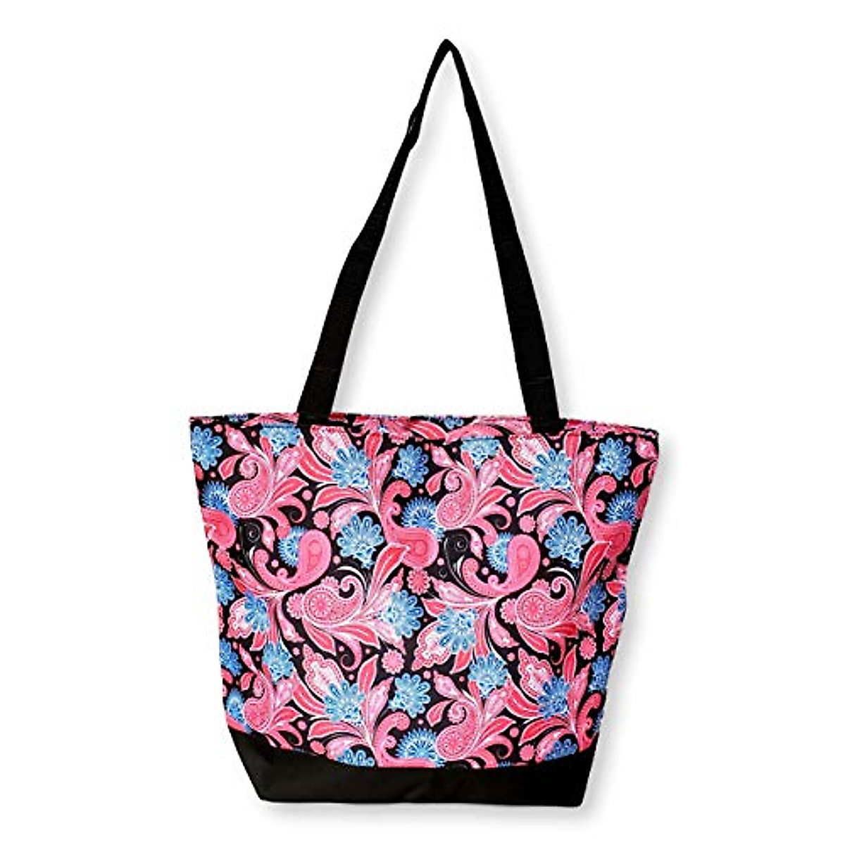 Women Teen Fashion Print Lined Top Zipper Tote Bag Handbag with Lined Interior - Can be Personalized (Black Trim Pink Paisley)