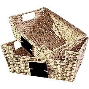 OUTBROS Storage Box Hand-Woven Wicker Storage Baskets, Multipurpose Open-Front Bin, Shelf Nesting Baskets, Desktop Makeup Organizer Container with Built-In Carry Handles, Paper Rope, Natural