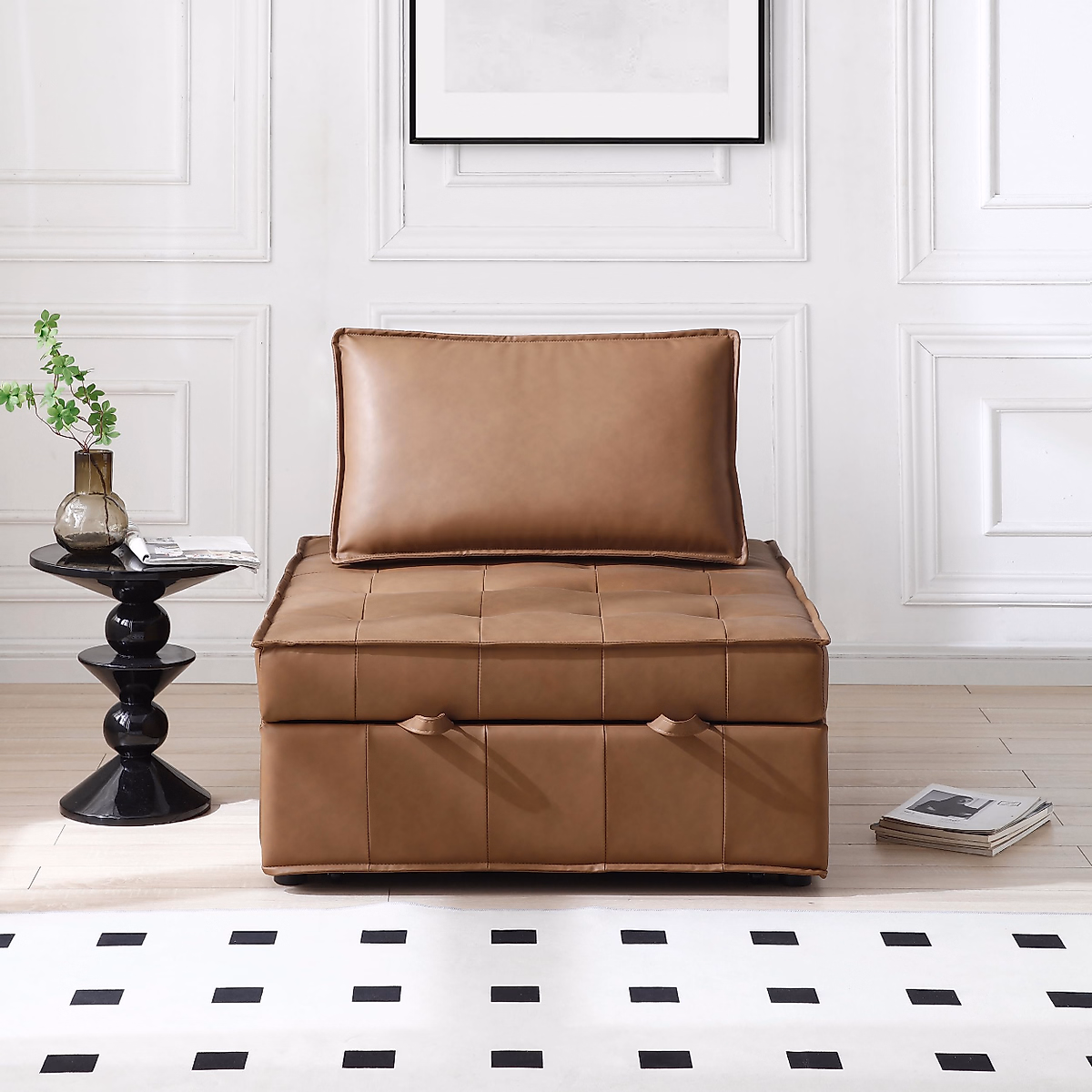 YuiHome Lazy 3 in 1 Multipurpose Faux Leather Ottoman, Convertible, Adjustable Single Sleeper Chair Sofa Bed for Living Room Apartment,Brown