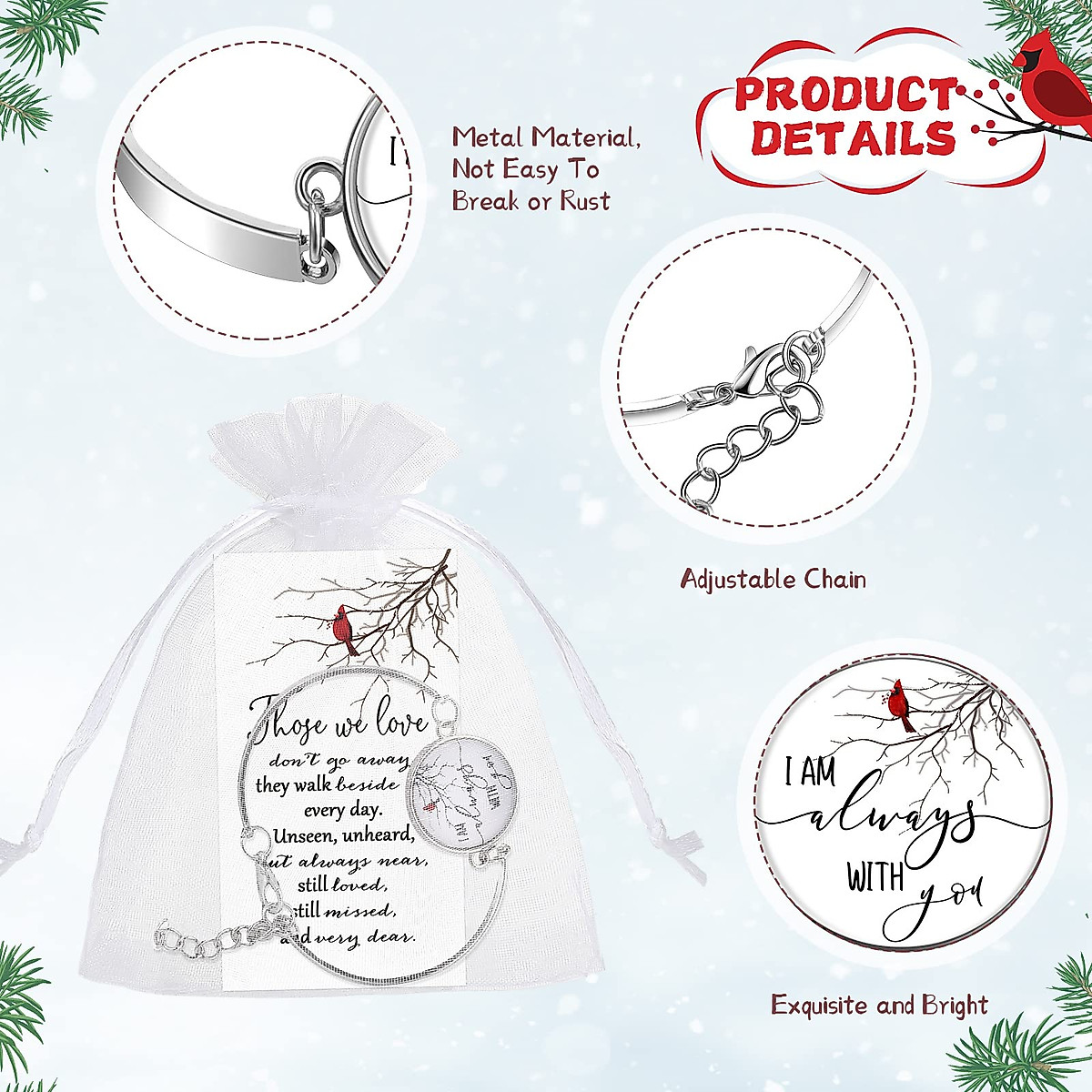 Unittype 3 Set Memorial Gifts Cardinal Memorial Bracelet Jewelry Bangle Sympathy Gift Soul Poem Card Remembrance Gifts Cardinal Gifts(3 Sets)