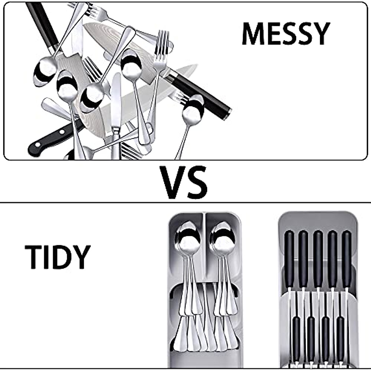 MIXHOMIC Kitchen Drawer Organizer, Knives Block & Cutlery Organizer Set, Cutlery Organizer in Drawer, Drawer Store Tray for Cutlery Knives Fork Spoon, Silverware Organizer Partition Storage Box