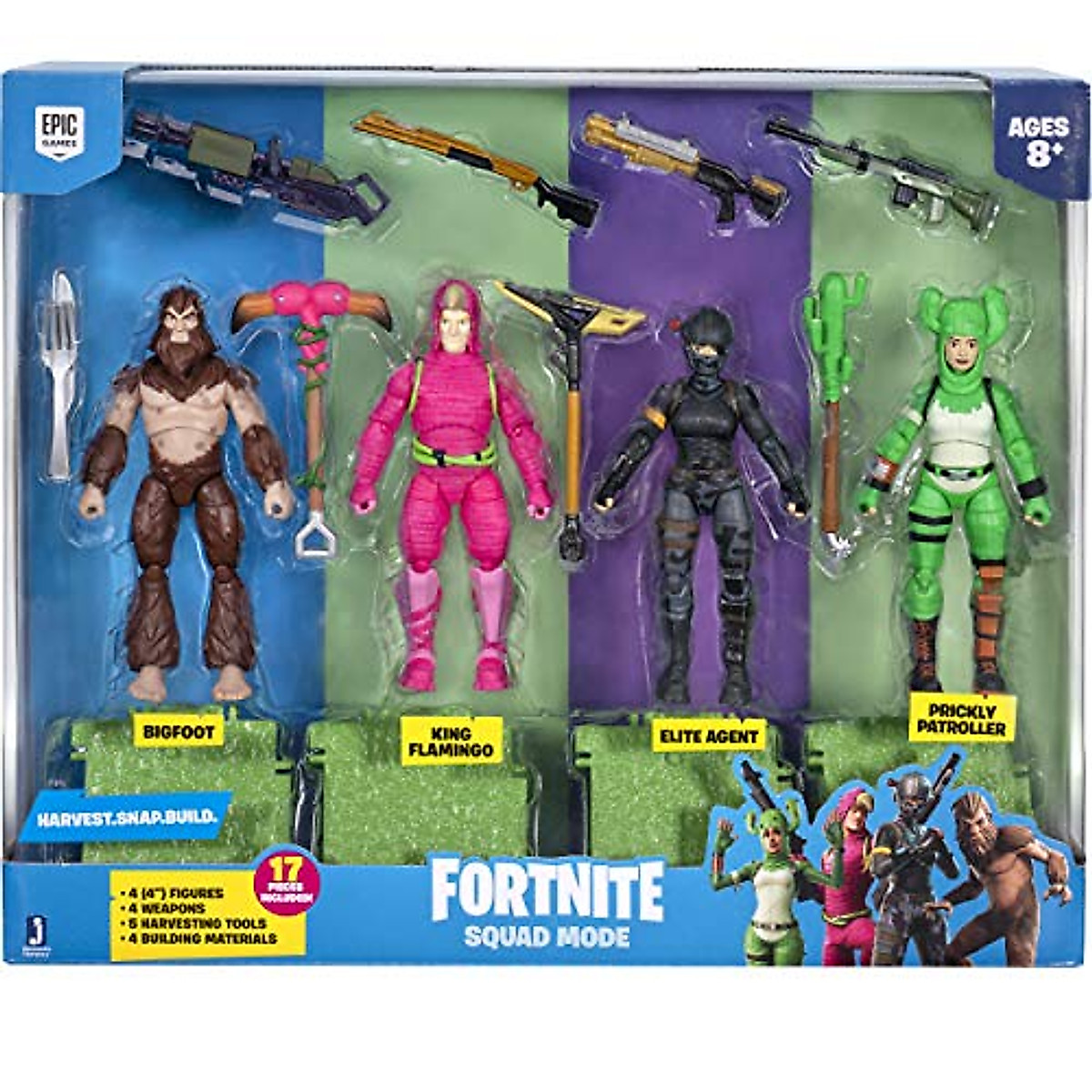 Fortnite Alchemist Squad Mode, 4 Figure Pack - 4 Inch King Flamingo, Prickly Patroller, Bigfoot, Elite Agent Collectible Action Figures, Plus 5 Harvesting Tools, 4 Weapons, 4 Building Materials