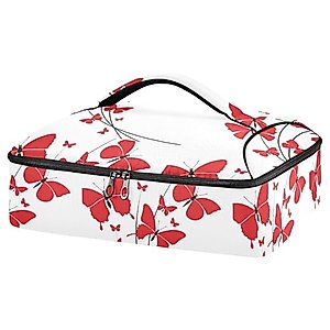 Kcldeci Insulated Thermal Food Carrier Insulated Casserole Carrier for Hot or Cold Food,Red Butterflies Insulated Tote Bag for Potluck Cookouts Parties Picnic,Lasagna Lugger