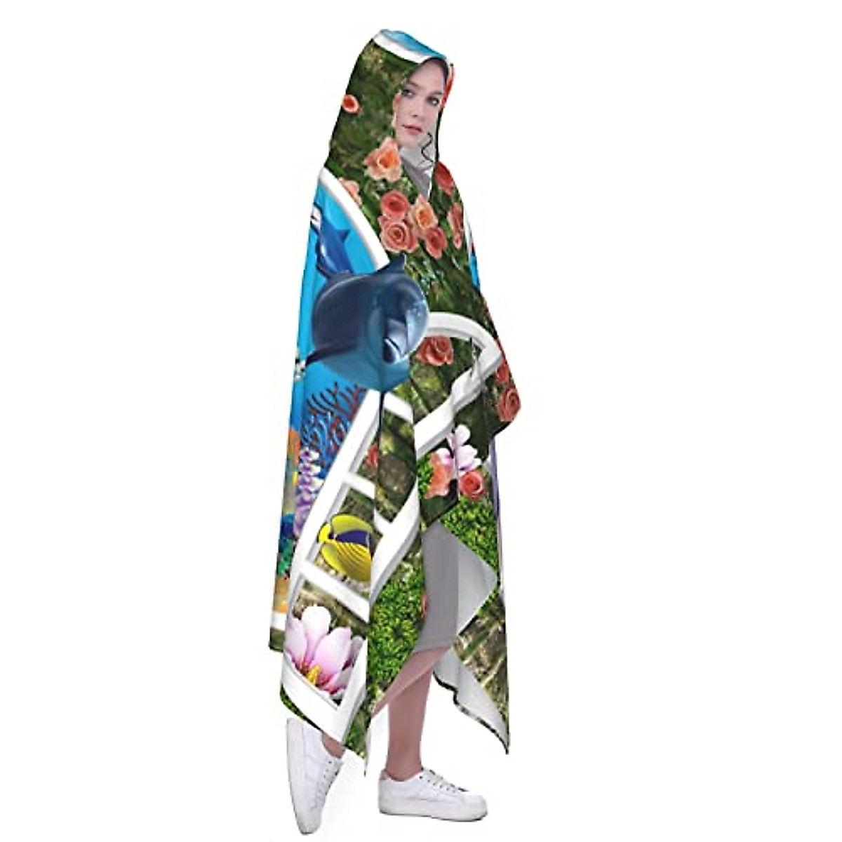 Hooded Blanket Underwater Dolphin With Flowers Window Flannel Wearable Throw Cape Robe Wrap Fleece Warm Air-Conditioning Quilt 60"X50"