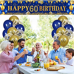 60th Birthday Decorations for Men Women Navy Blue and Gold 60th Birthday Yard Banner and 18 PCS 60th Birthday Balloons Birthday Party Supplies for Anniversary Birthday Party Indoor Outdoor Yard Decor
