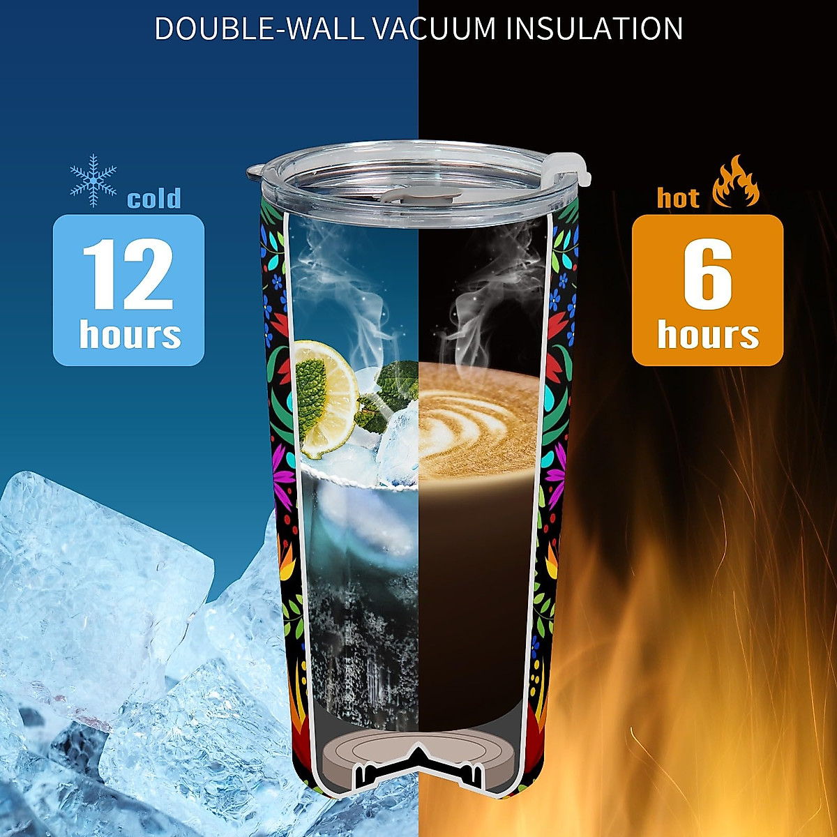 SAVHOQIR 20 oz Tumbler Mexican Boho Floral Stainless Steel Vacuum Insulated Travel Tumblers with Lid Double Wall Insulated Travel Mug Coffee Cup for Ice Hot Drinks