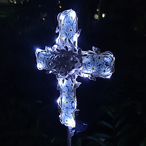 COOZZYHOUR 38Inch Cross Solar Garden Lights Outdoor Decorative - Solar Metal&Glass Cross White Hydrangea Flower Stake Lights- Waterproof 20 Warm White LED for Remembrance Gifts & Sympathy Gifts.