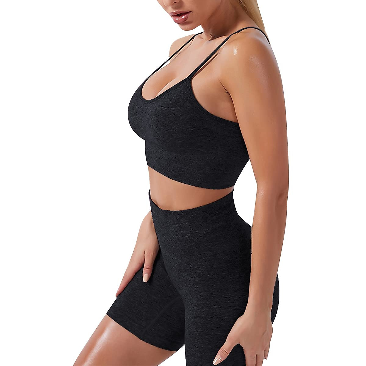 Black Workout Sets for Women: 3 Piece Yoga Outfit Tracksuit High Waisted Running Biker Shorts with Strap Sport Bra Shirt Crop Top Exercise Running Clothes Athletic Gym Sets Matching Active Wear Medium