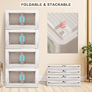 Collapsible Plastic Storage Bins with Lid, 4 Pack Foldable Storage Containers with Clear Double Doors and Wheels, 11 Gal Each Stackable Storage Box for Toys, Clothes, Books, Home, Closet Cabinet
